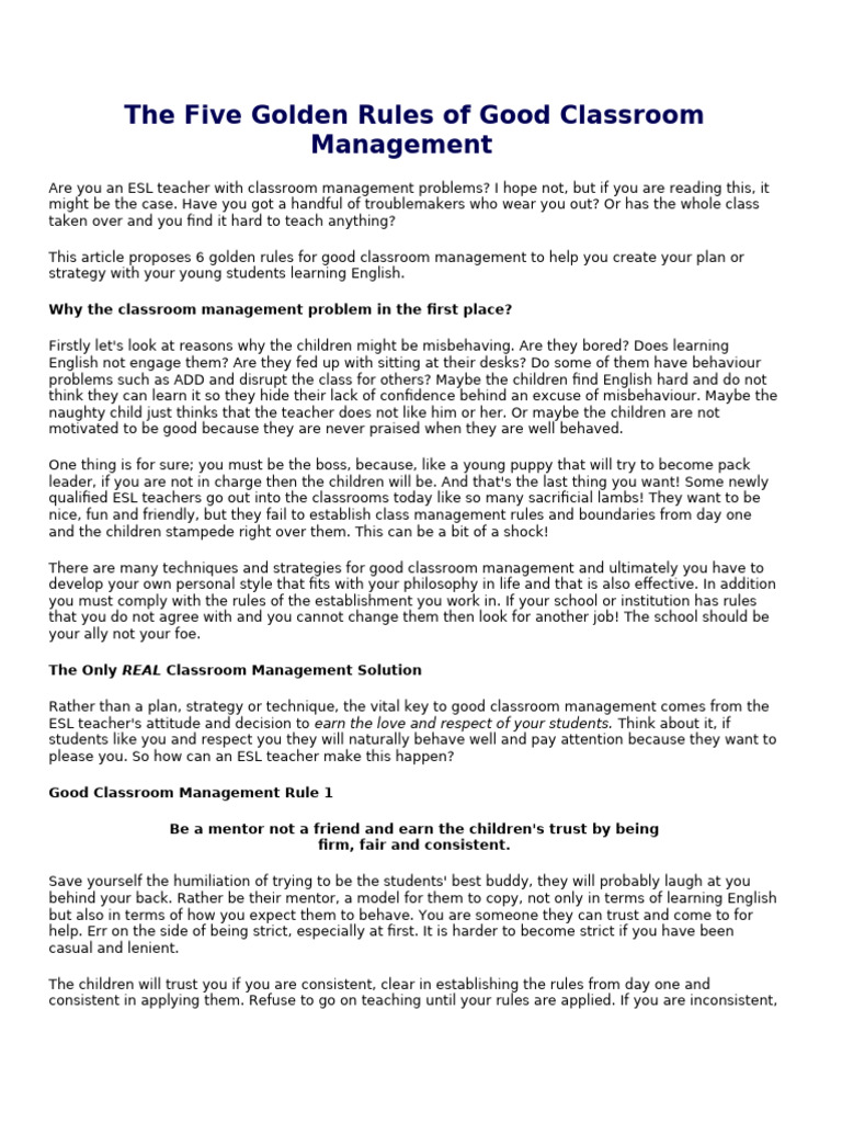 The Five Golden Rules of Good Classroom Management | PDF | Classroom ...