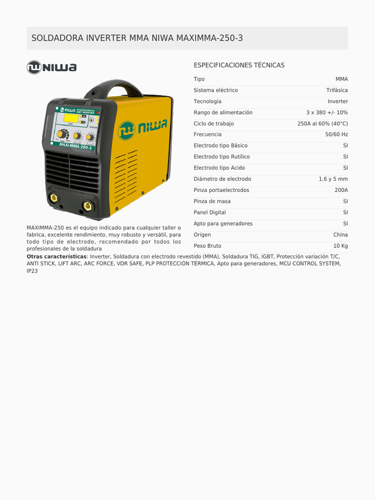 Ficha 272 Soldadora Inverter Mma Niwa Maximma 250-3-1400250 | PDF
