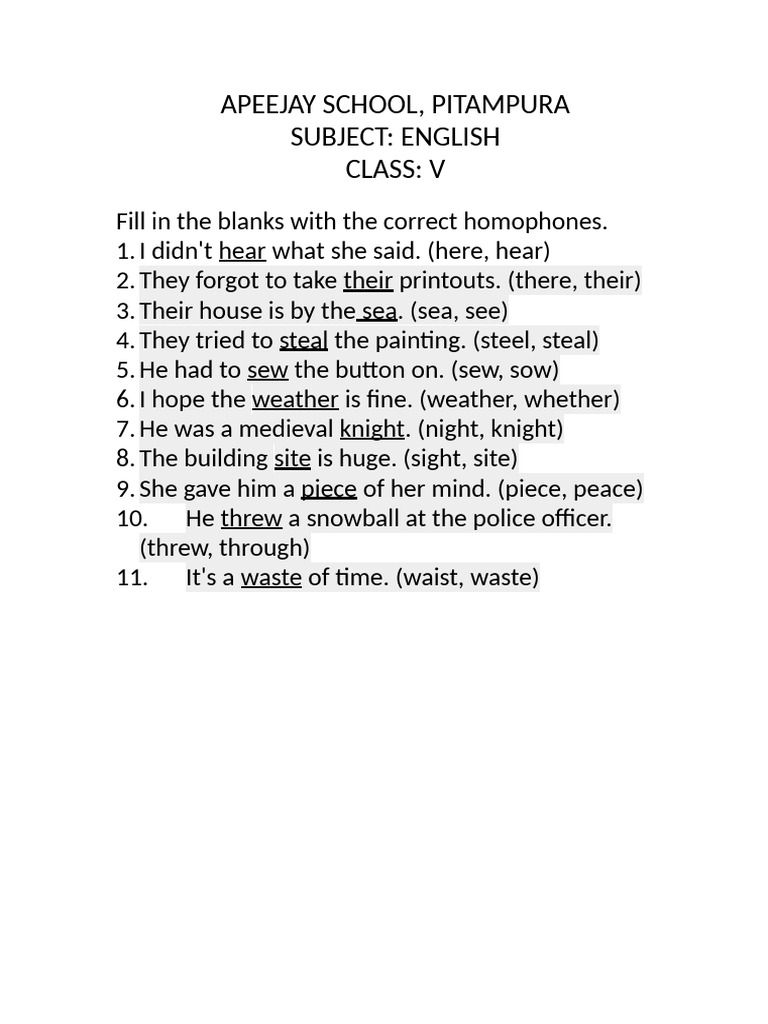 Homophones Worksheet-2 Answers (2) | PDF