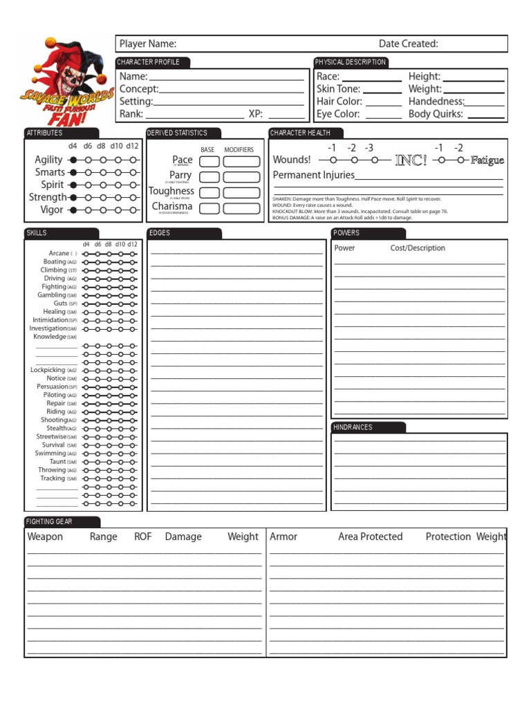 Savage Worlds Character Sheet 4 Pages On 8.5"x11" | PDF | Role Playing ...