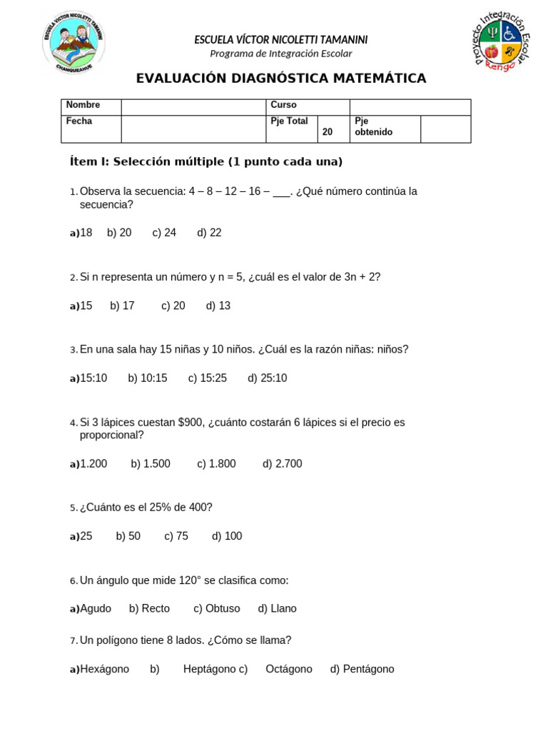 Evaluación Diagnostica Matematicas | PDF