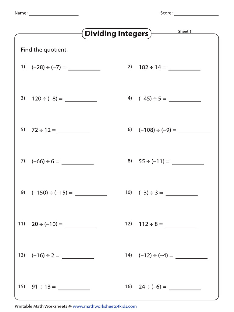 1 2+Dividing+Integers+Practice+Worksheet | PDF