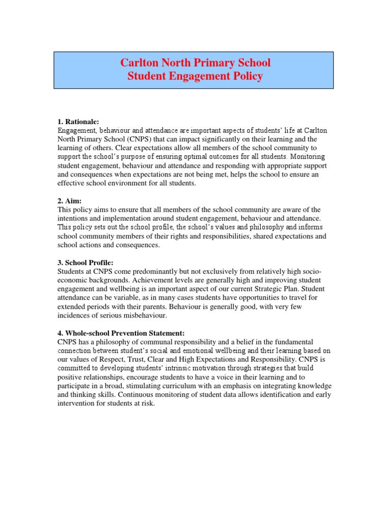 Student Engagement Policy 2010 | PDF | Teachers | Learning