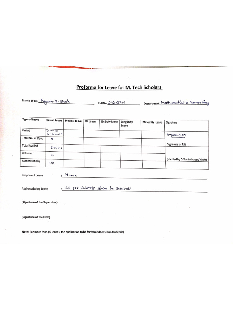 Aagam Shah Leave Form | PDF