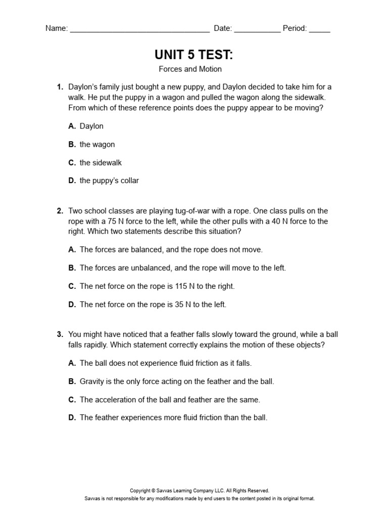Unit 5 Test - Forces and Motion | PDF | Force | Newton's Laws Of Motion