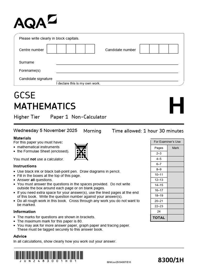 2025 AQA GCSE Maths Higher Tier Paper 1 (Non-Calculator) | PDF