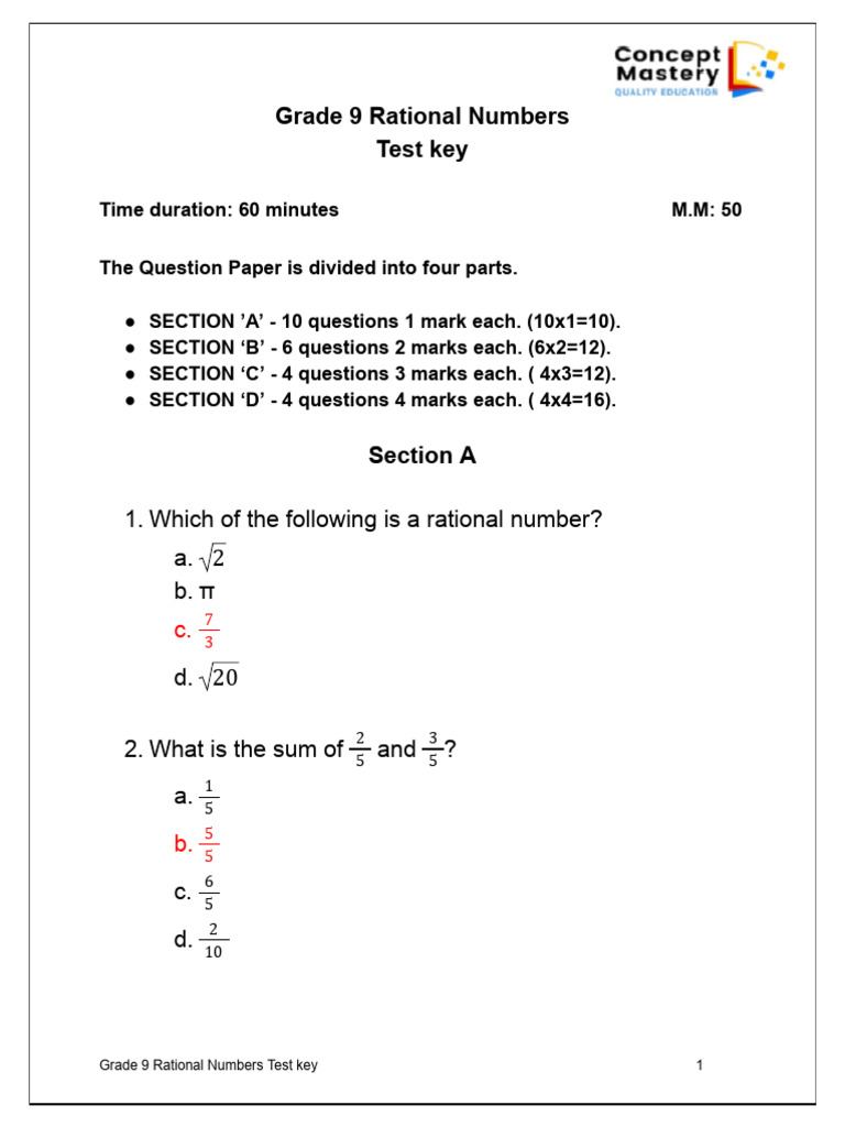 Grade 9 Rational Numbers Test Key | PDF | Fahrenheit | Mathematical ...