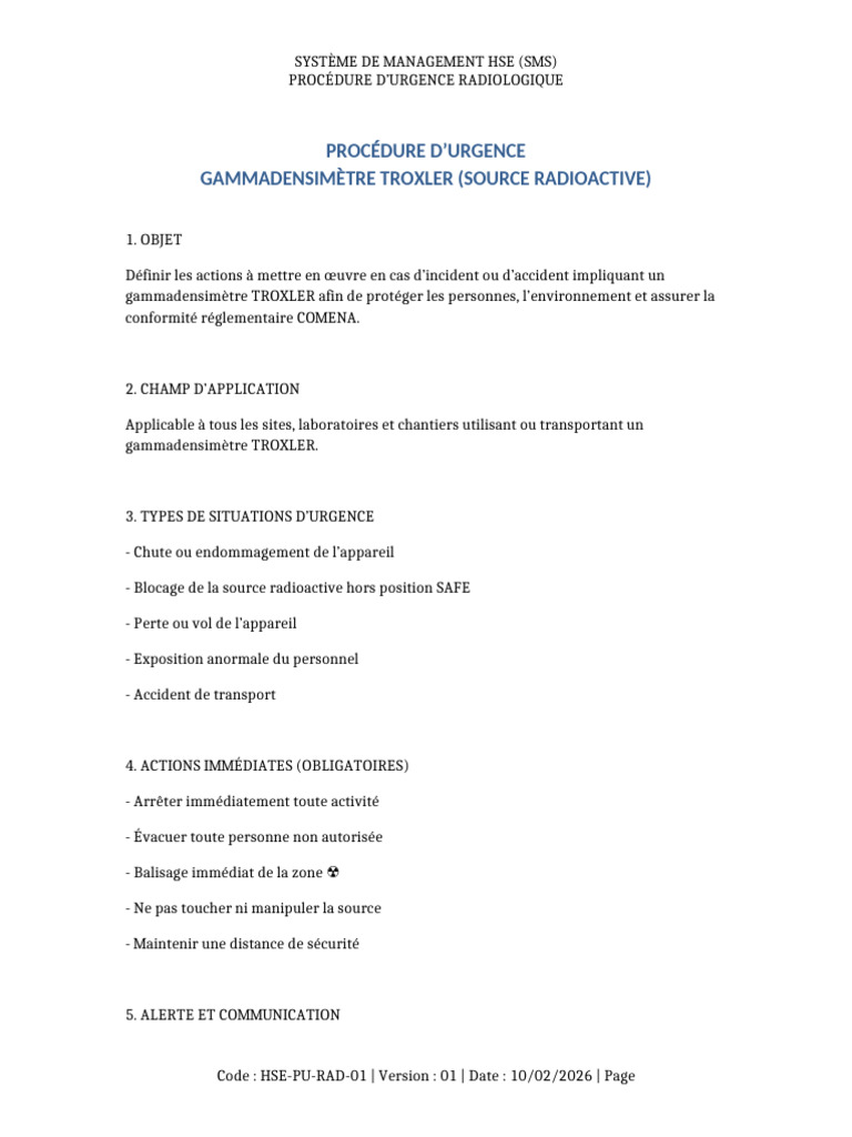 Procedure Urgence Radiologique Gammadensimetre TROXLER-1 | PDF
