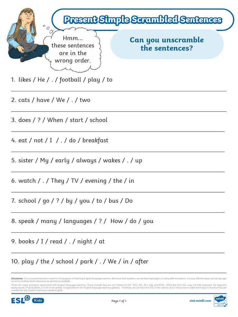 Present Simple Sentence Scramble Worksheet | PDF