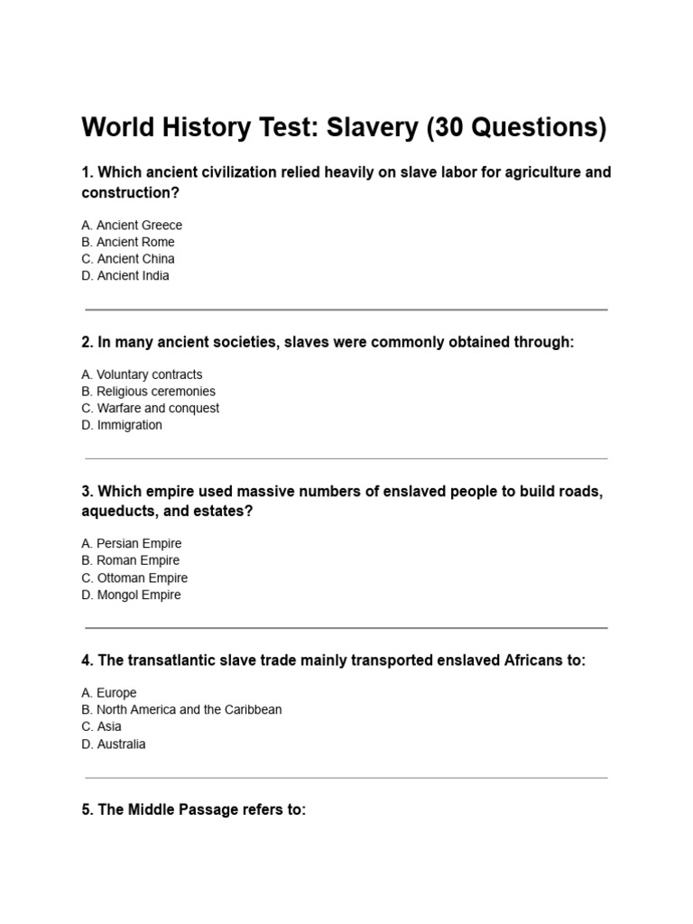 Scribd Upload - World History Test - Slavery (30 Questions) | PDF ...