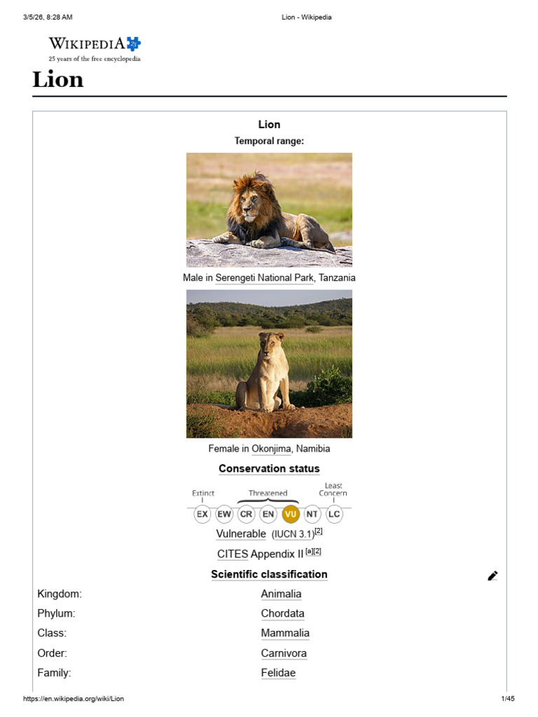 Lion - Wikipedia | PDF | Lion | Panthera