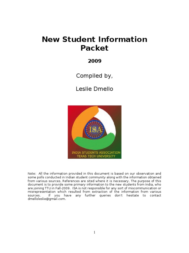 New Student Information Packet: Compiled By, Leslie Dmello | PDF ...