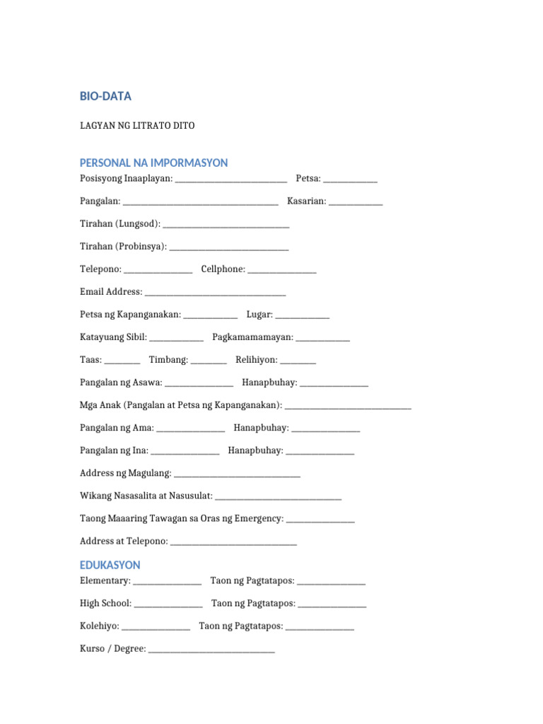 Bio-Data Tagalog Format | PDF