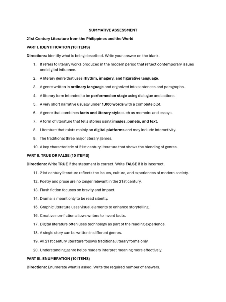 Summative Assessment 21ST Century Literature | PDF | Genre | Creative ...
