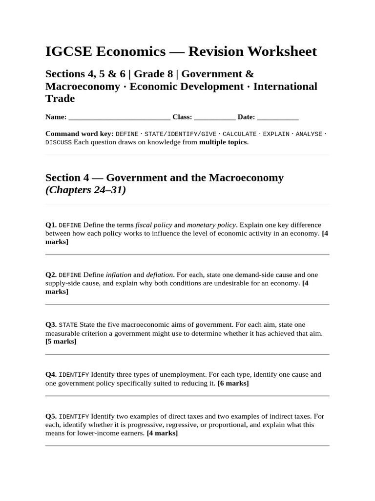 IGCSE 9th Grade Economics Revision Worksheet | PDF | Macroeconomics ...