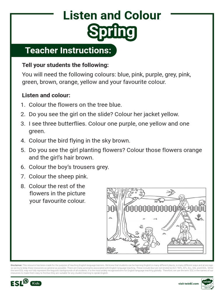 t 1745144576 Esl Listen and Colour Spring Kids a1 Ver 2 | PDF