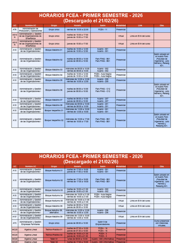 Horarios Semestre Actual | PDF