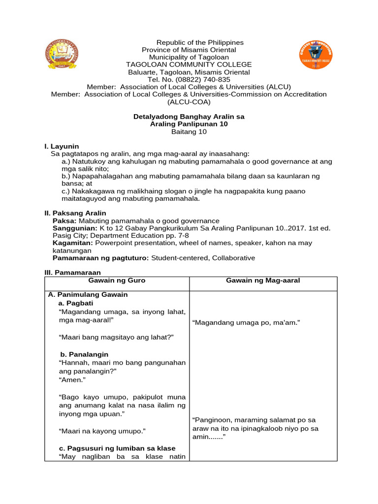 Lesson Plan AP 10 (Mabuting Pamamahala) (1) | PDF