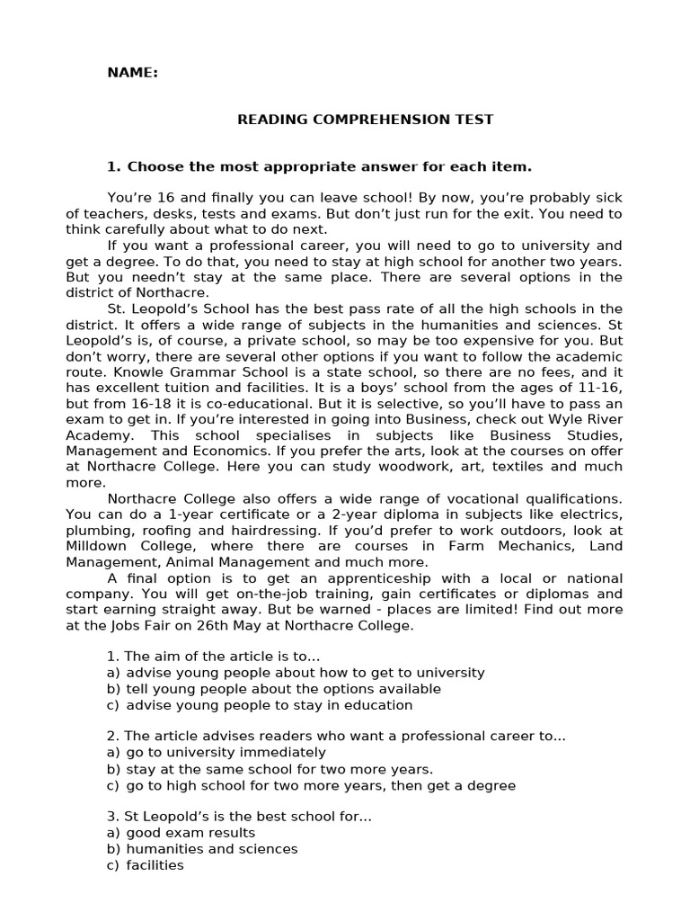 Reading Comprehension Test 3 | PDF | Educational Stages