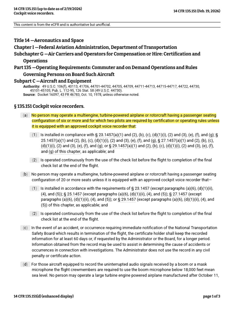 14 CFR 135.151 (up to date as of 2-19-2026) | PDF