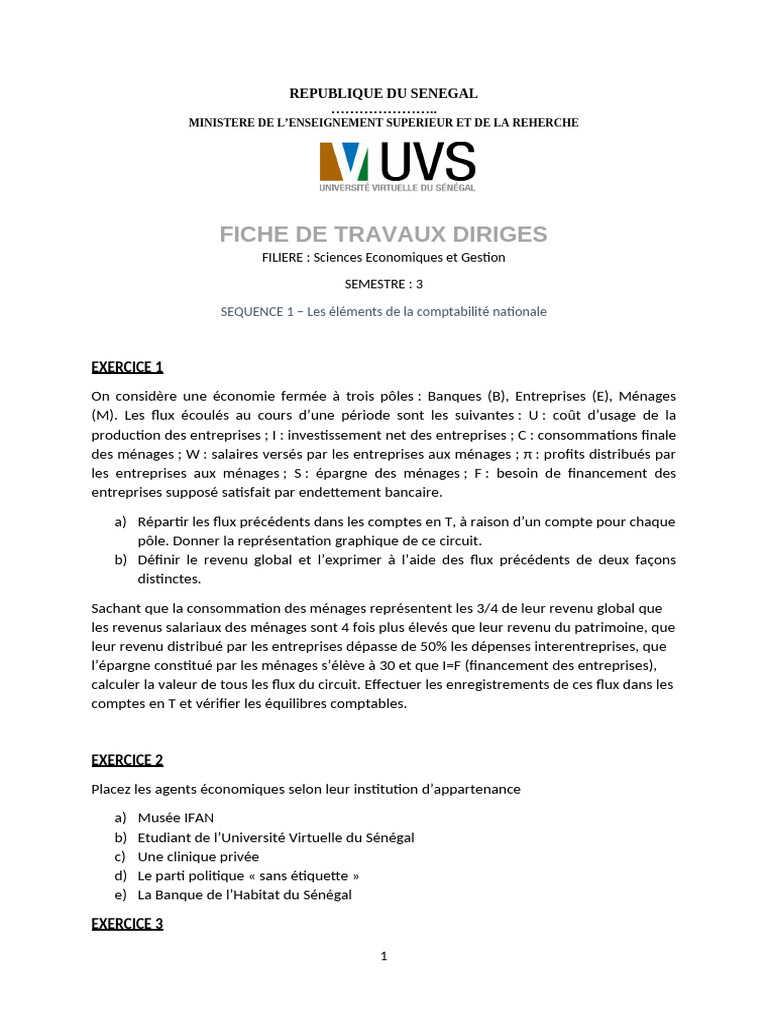 Fiche de Travaux Diriges Sequence 1 | PDF | Foyer | Salaires