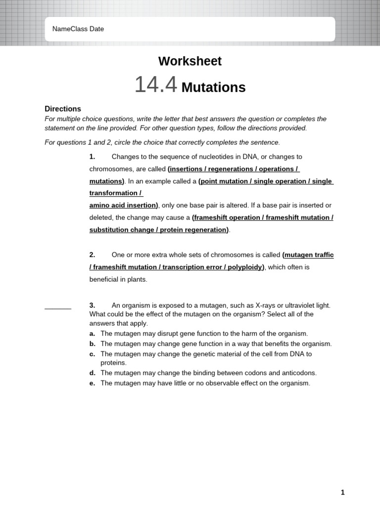 Week 6 Lesson 14.4 Worksheet | PDF | Point Mutation | Gene