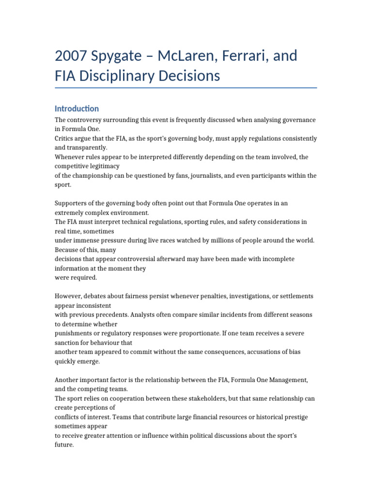2007 Spygate Fia Governance Analysis | PDF | Formula One | Media Bias