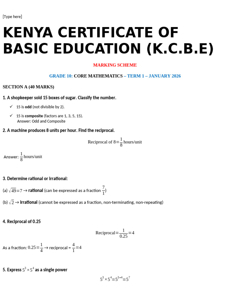 5021 Grade 10 Core Mathematics Opener Exam Term 1 2026 Answers Word ...