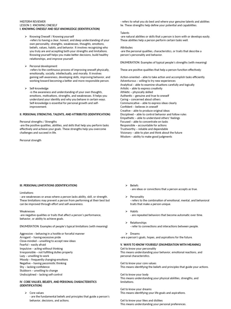 Lesson 1: Knowing Oneself | PDF | Personal Development | Thought