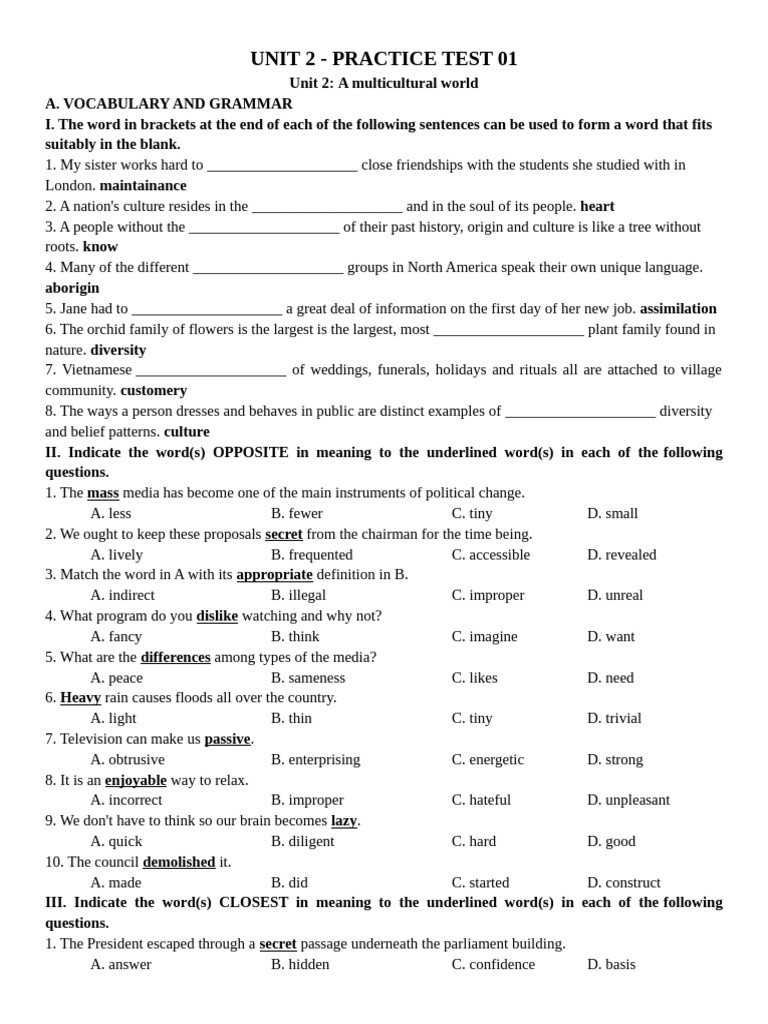 Practice Test Unit 2-1 Revised | PDF | Caste | Multiculturalism