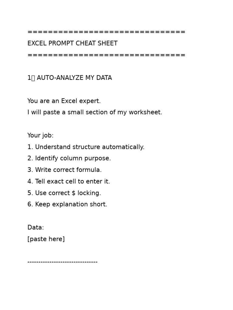 Excel Prompt Cheat Sheet | PDF