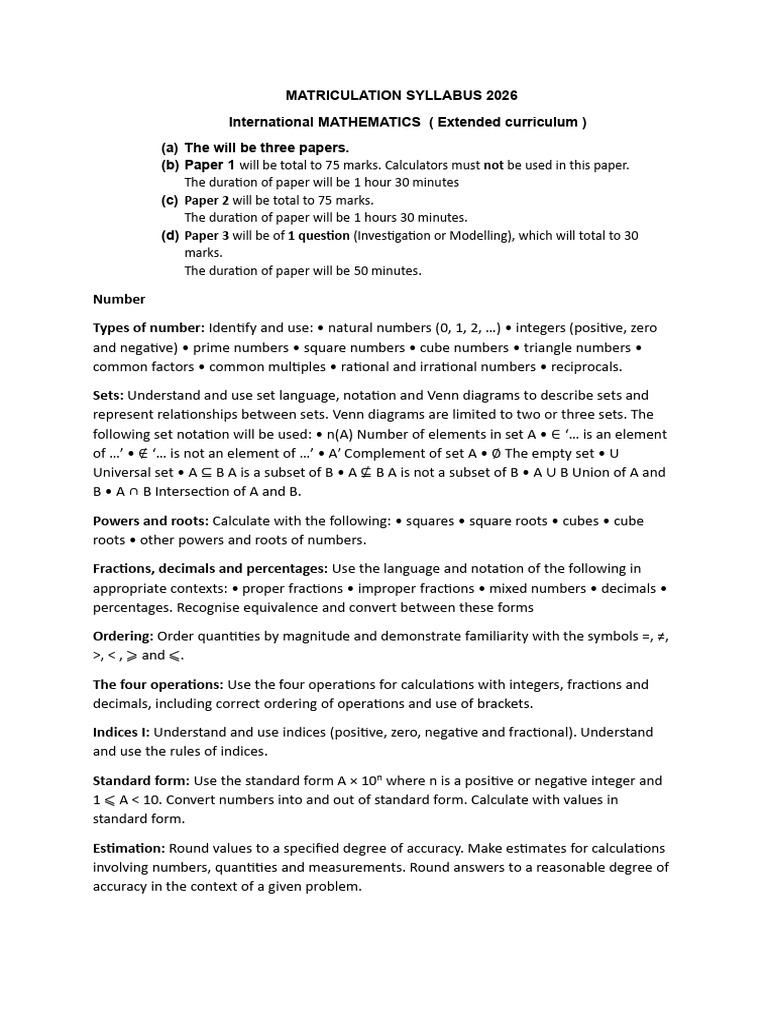 Matriculation Syllabus Mathematics 0607 Extended 2026 Students | PDF ...