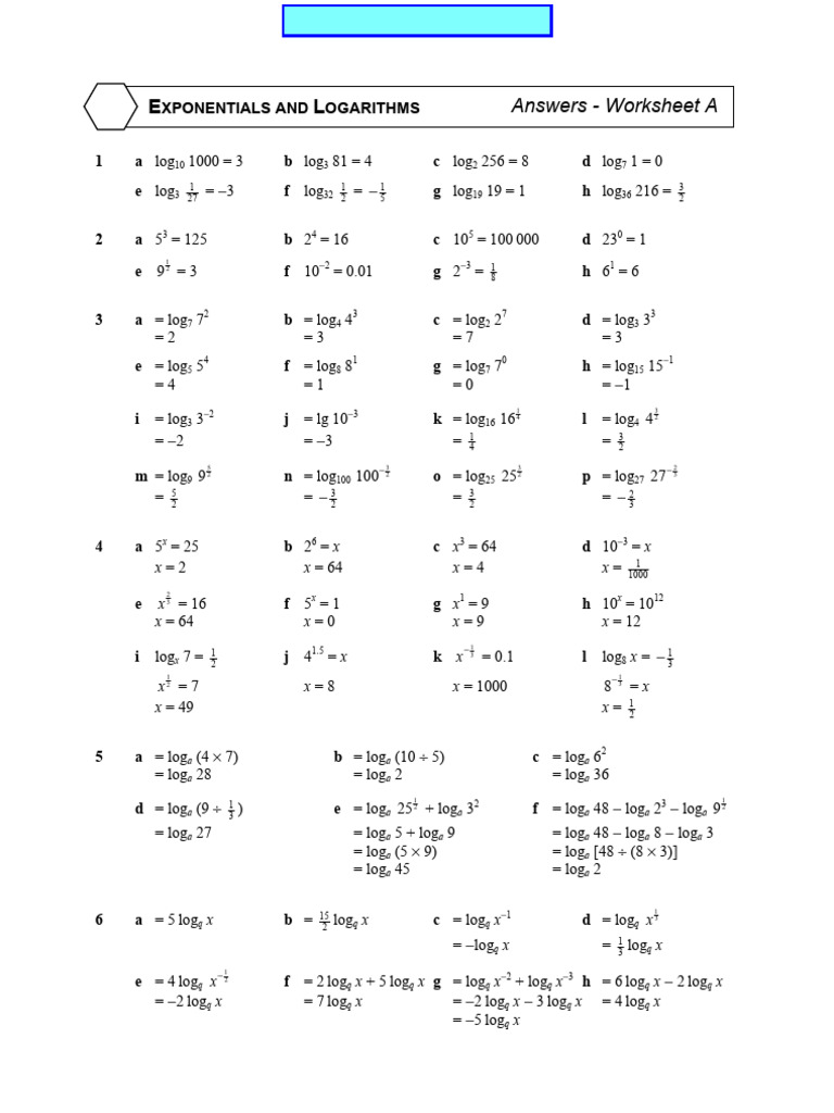 Exponential and Logarithms - Worksheet A&b - Solutions-1 | PDF ...
