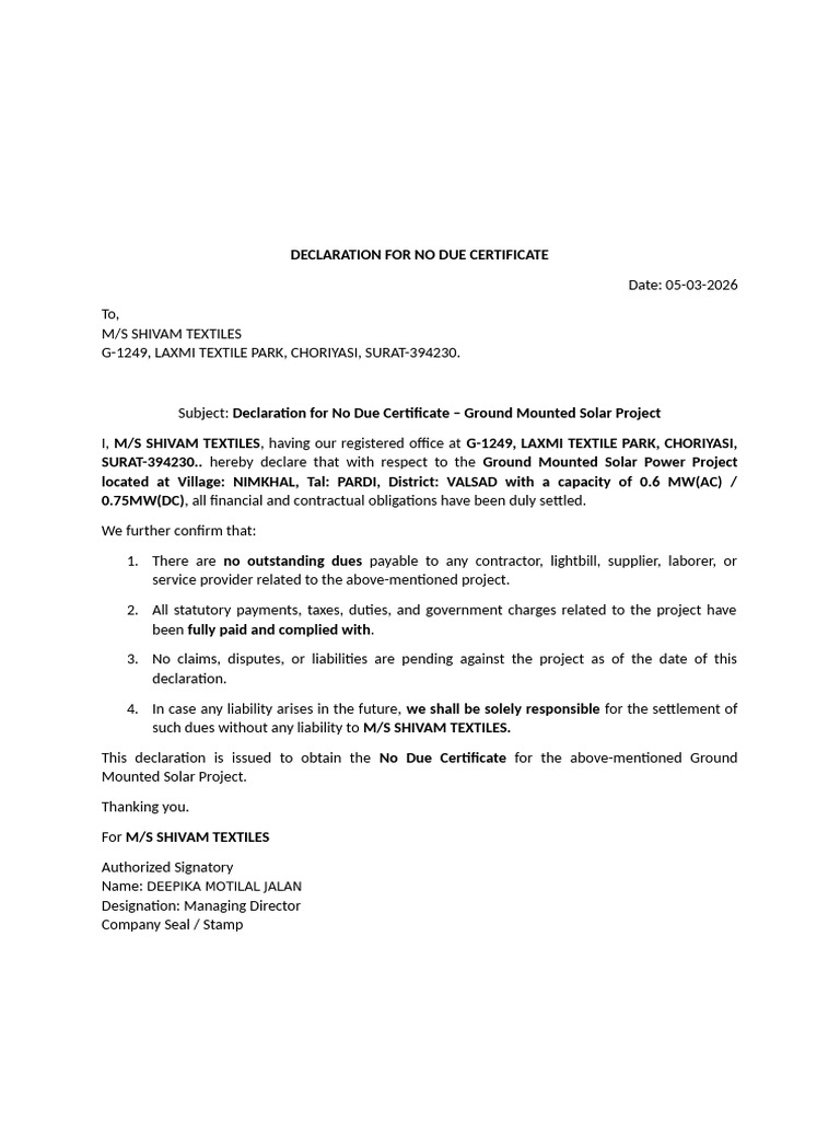 Declaration For No Due Certificate | PDF
