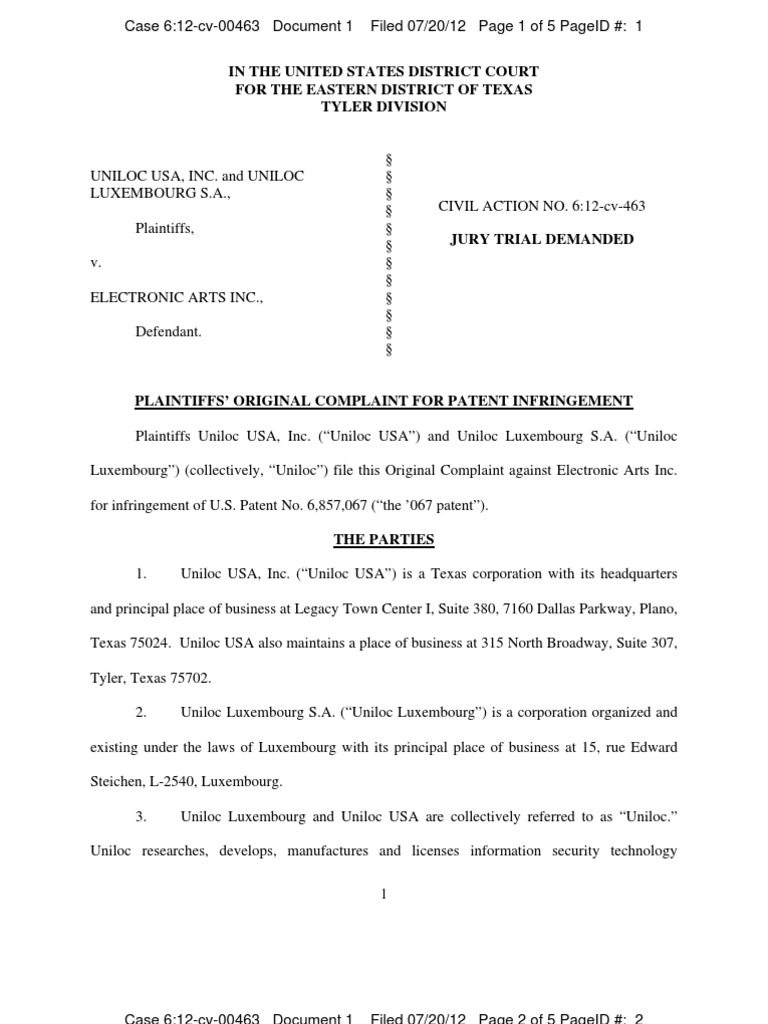 Uniloc patent infringement suit against Electronic Arts | Patent ...