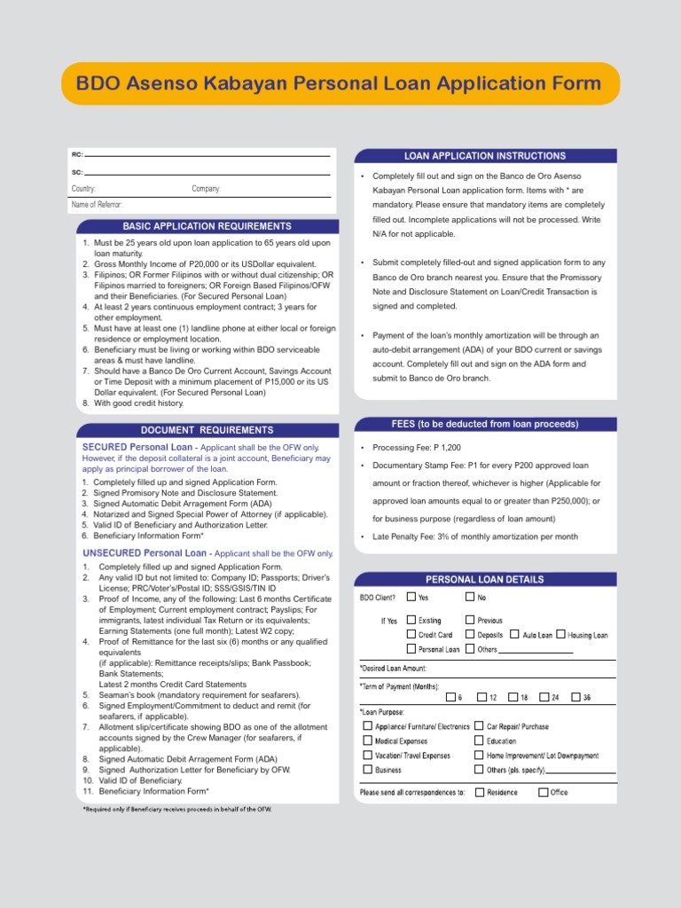 BDO PersonalLoanAKAppliForm | Loans | Credit Card | Free 30-day Trial | Scribd