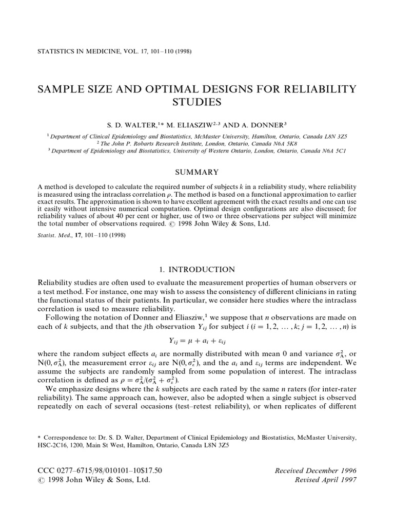 1998 - Sample Size and Optimal Designs For Reliability Studies - Walter ...