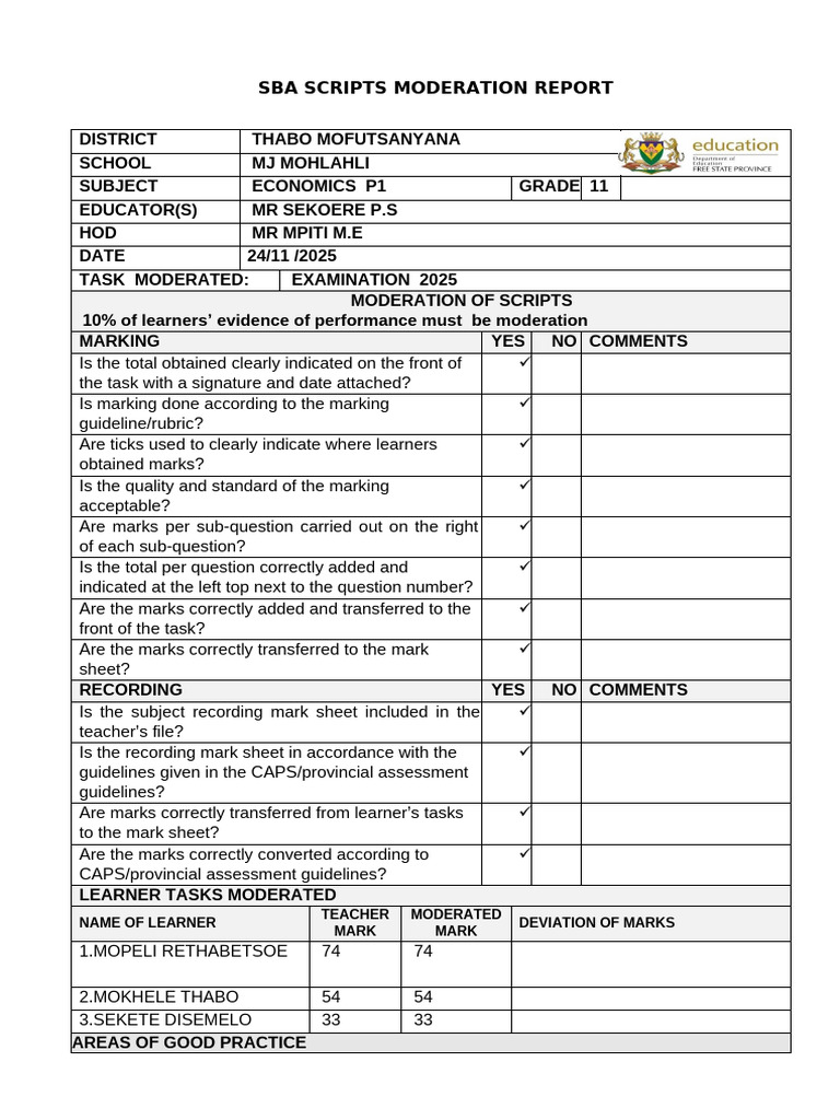 Sba Scripts Moderation Report 2025 | PDF