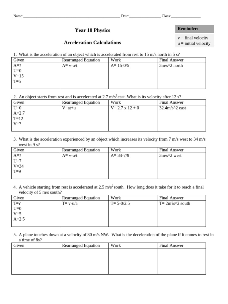7a Acceleration Calculations Worksheet | PDF | Acceleration | Velocity