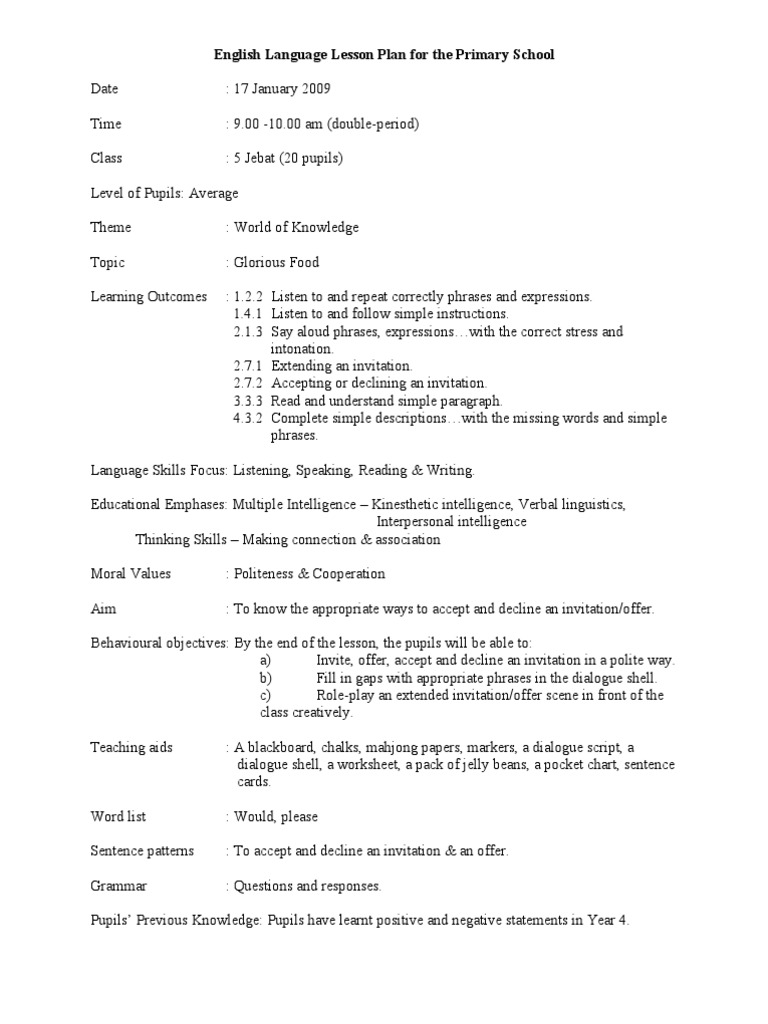 Sample of English Lesson Plan 2 | PDF | Lesson Plan | English Language