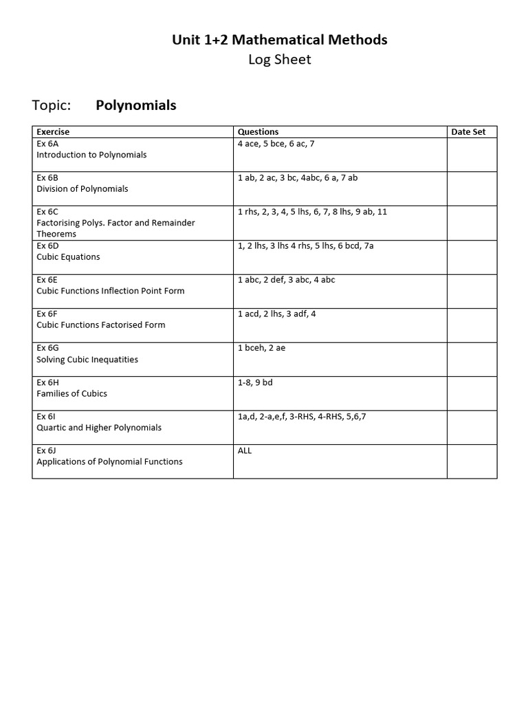 Polynomials Log Sheet Questions | PDF