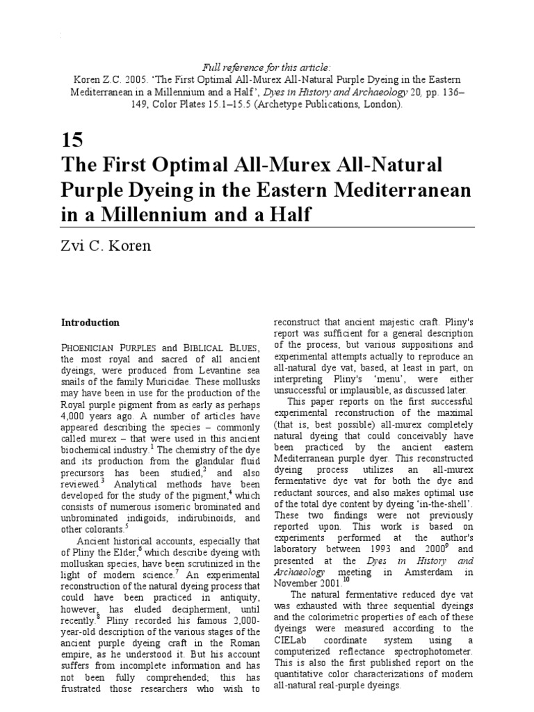 Koren-2005-Purple Dyeing Extraction From Murex | PDF | Dye | Chemistry