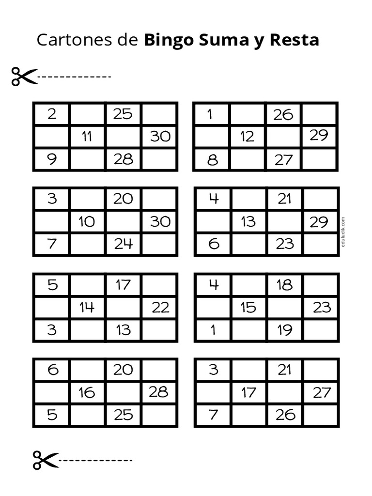 Bingo de Sumas y Restas Byn | PDF