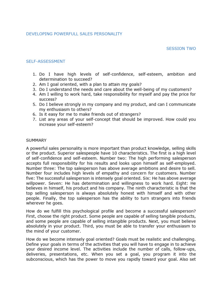 Session 2-Developing Powerfull Sales Personality-notes | PDF | Sales | Goal