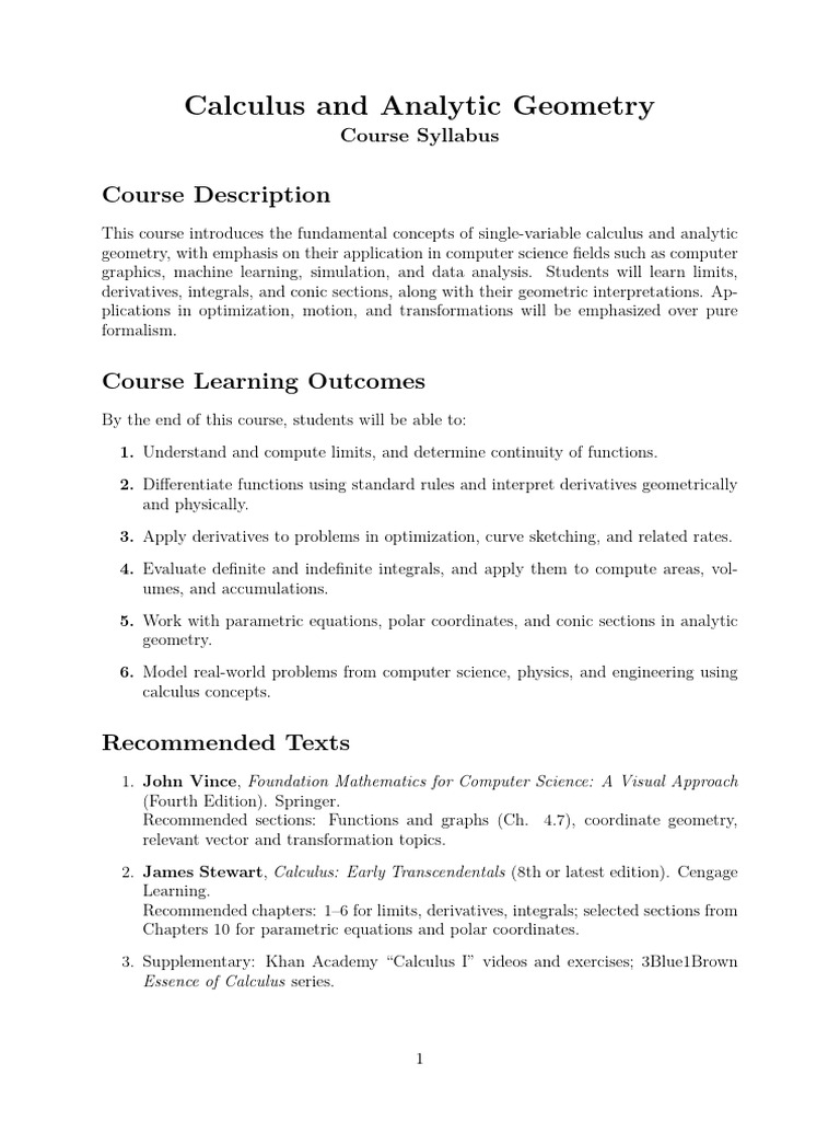 Calculus and Analytic Geometry Course Outline | PDF | Calculus | Integral