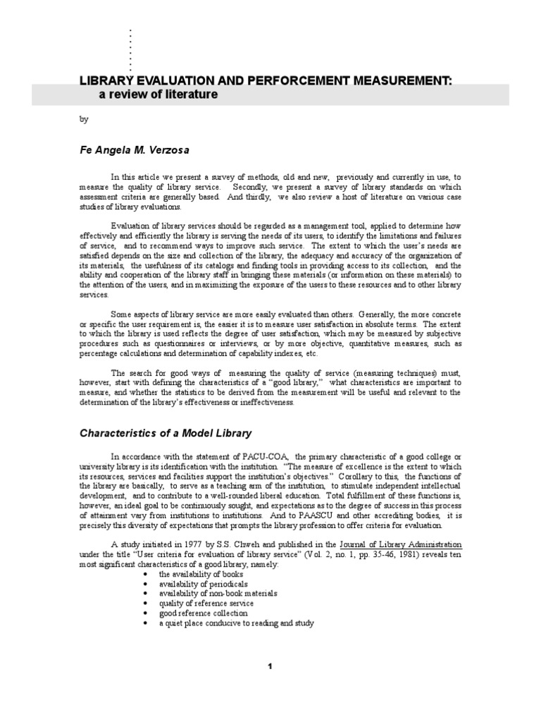 Library Evaluation and Performance Measurement - REVIEW of LITERATURE ...