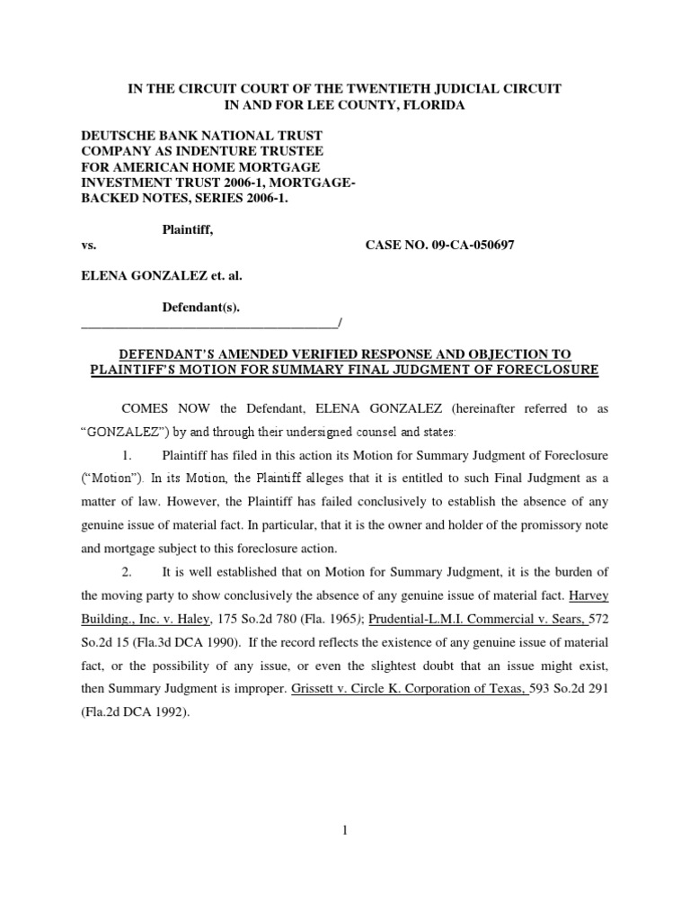 Amended Response and Objection To Motion For Summary Judgment in ...
