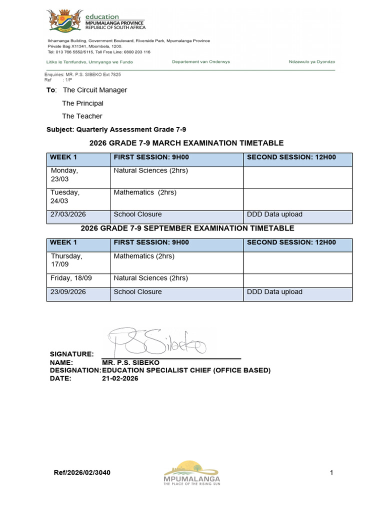 Bohlabela District Grade 7 - 9 March and September 2026 Exam Timetable ...