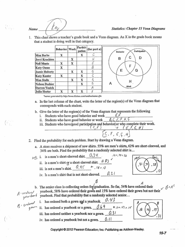 Venn Diagrams and Two Way Tables Classwork - Answer Key | PDF