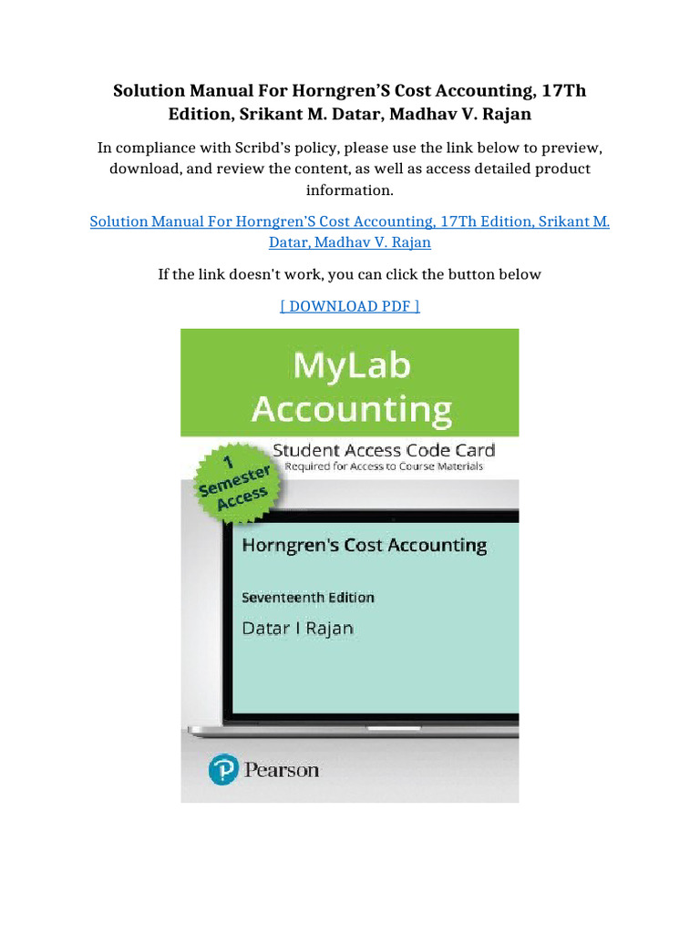 Solution Manual For Horngren's Cost Accounting, 17th Edition, Srikant M ...